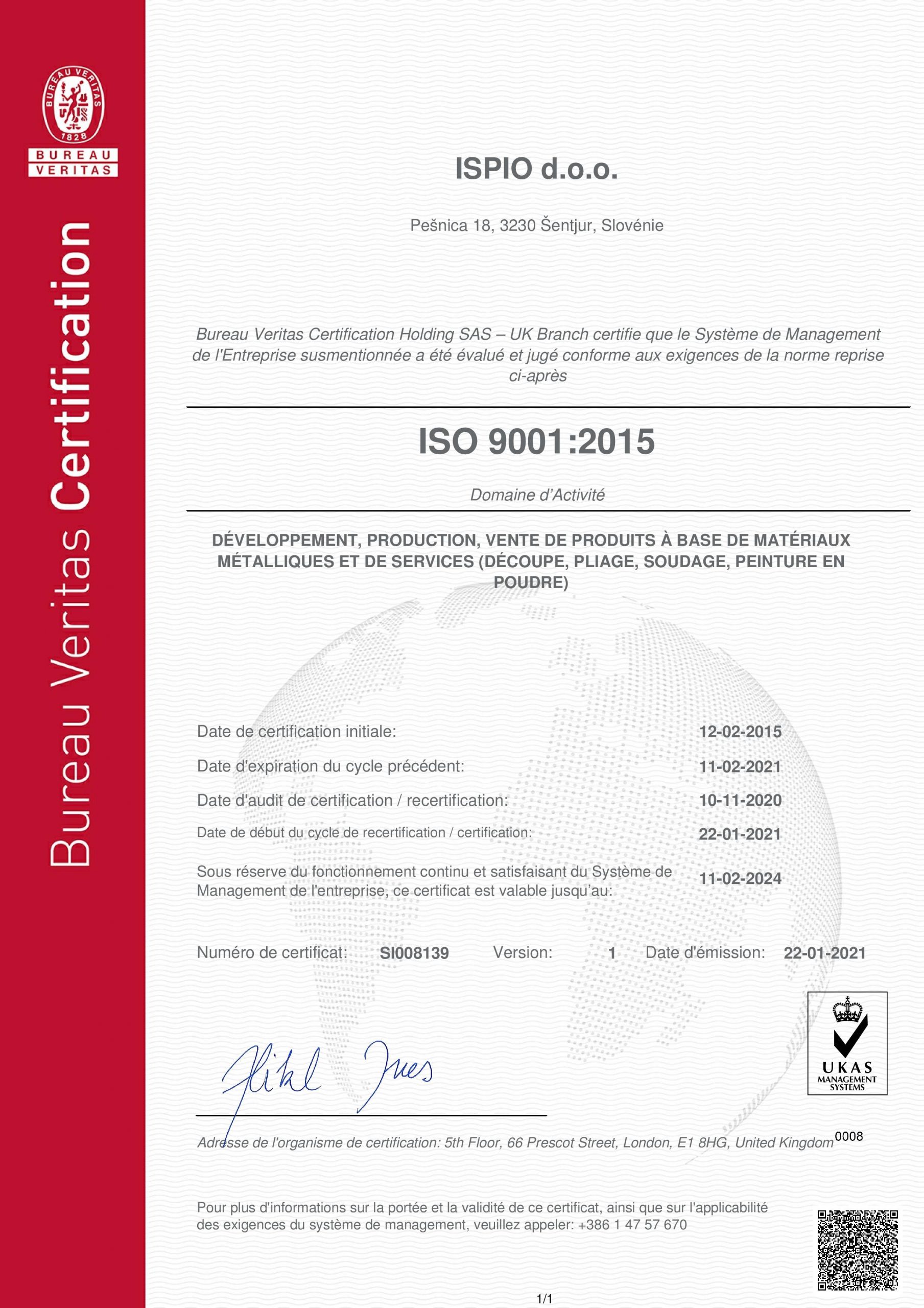 Certificat ISO – ISPIO d.o.o.